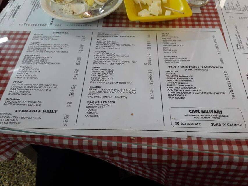 Menu at Cafe Military, Mumbai