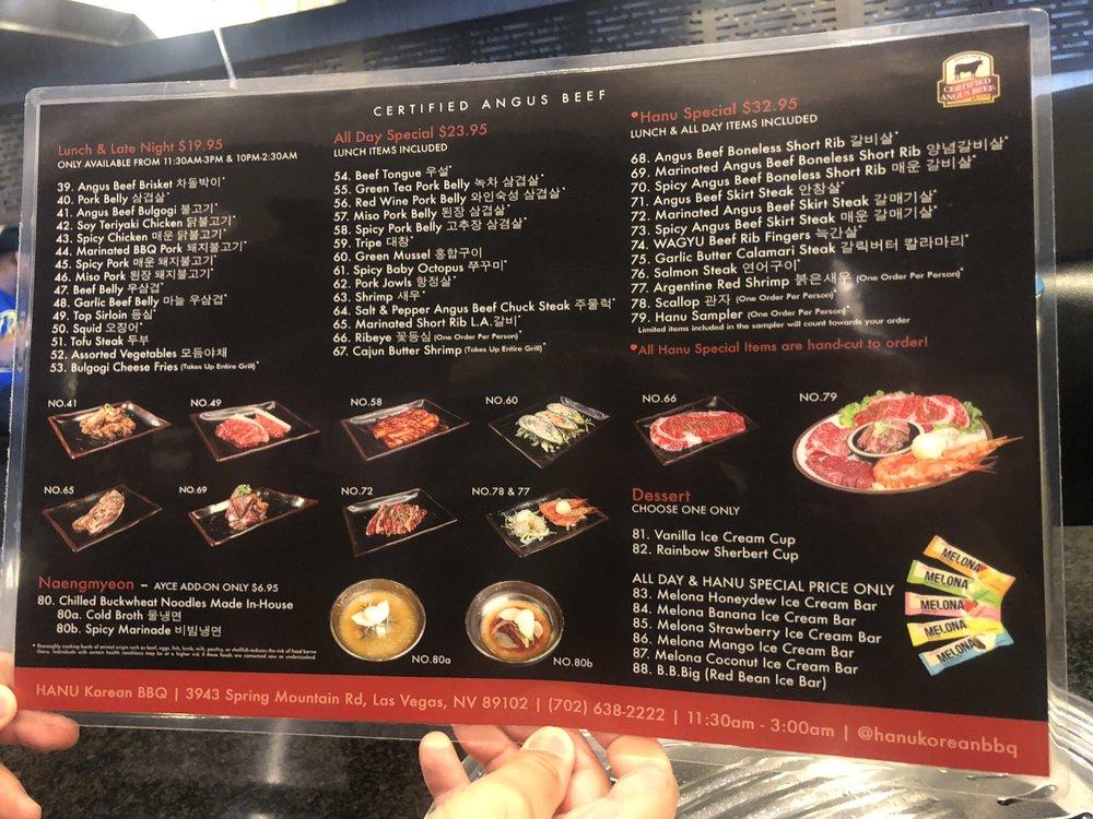 Menu at HANU Korean BBQ, Las Vegas