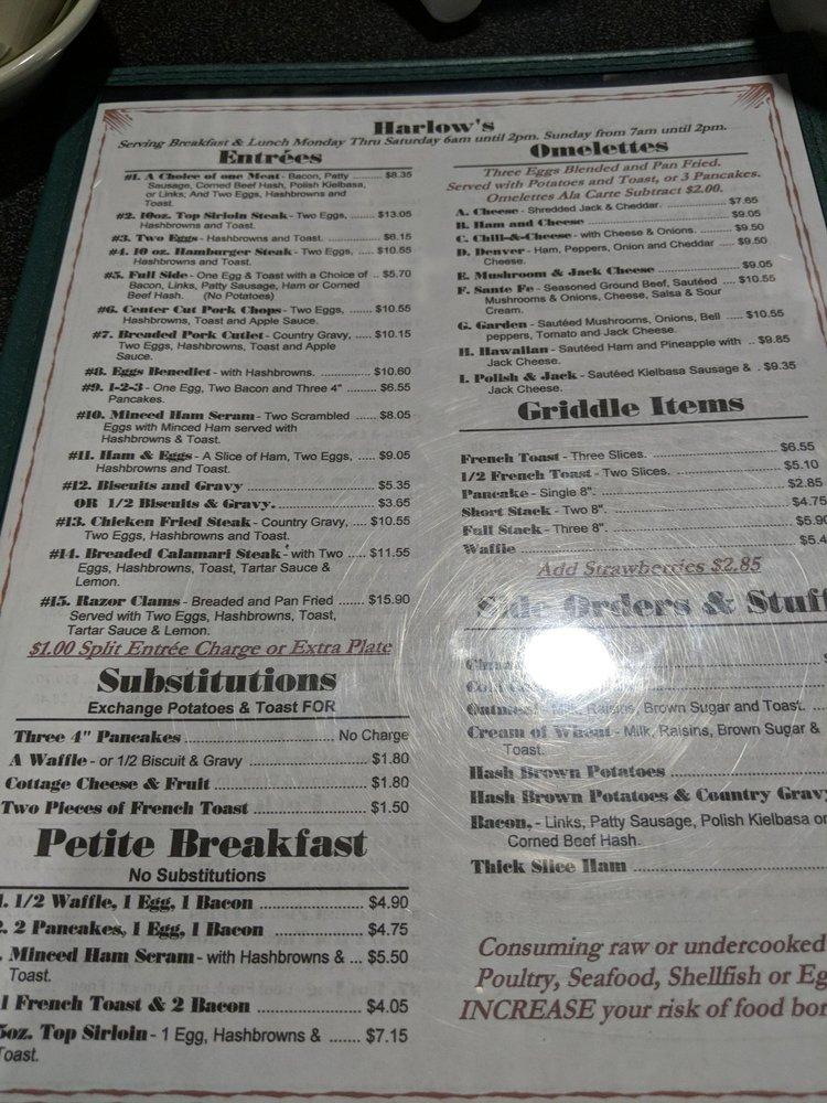 Menu at Harlow's Diner restaurant, Rathdrum