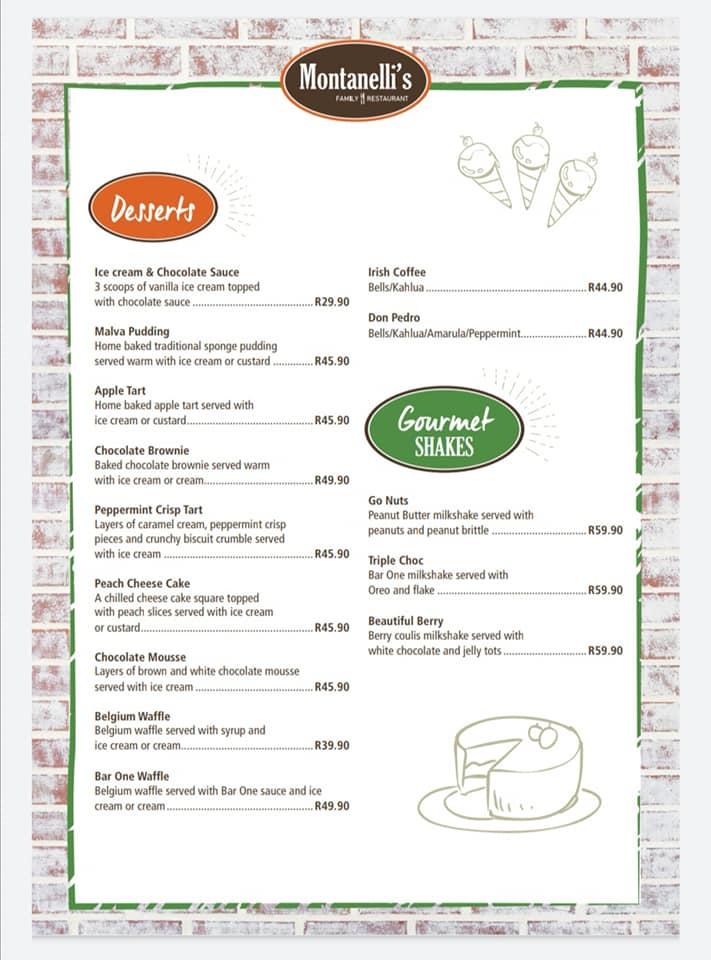 Menu at Montanelli's Family Restaurant, Pretoria