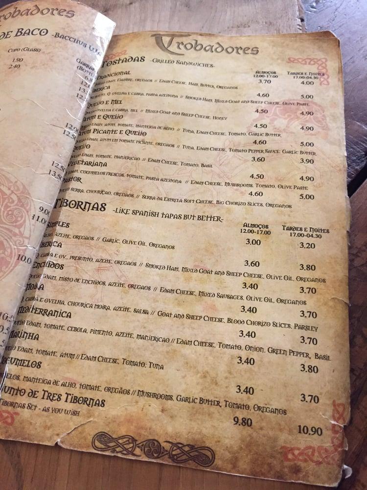 Menu em Trobadores - Taberna Medieval pub & Bar, Lisboa
