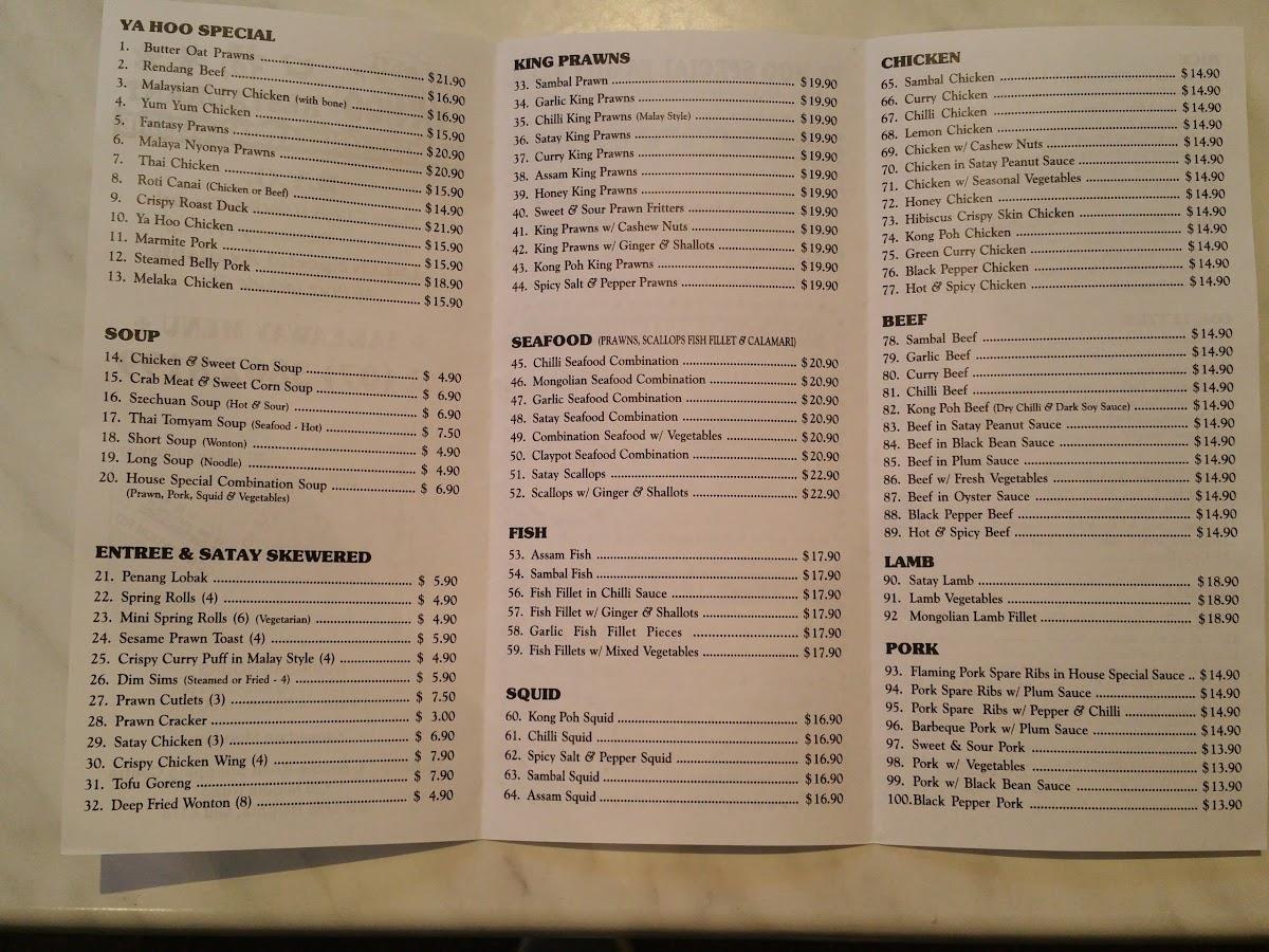 Menu at Ya Hoo Restaurant, Hillcrest