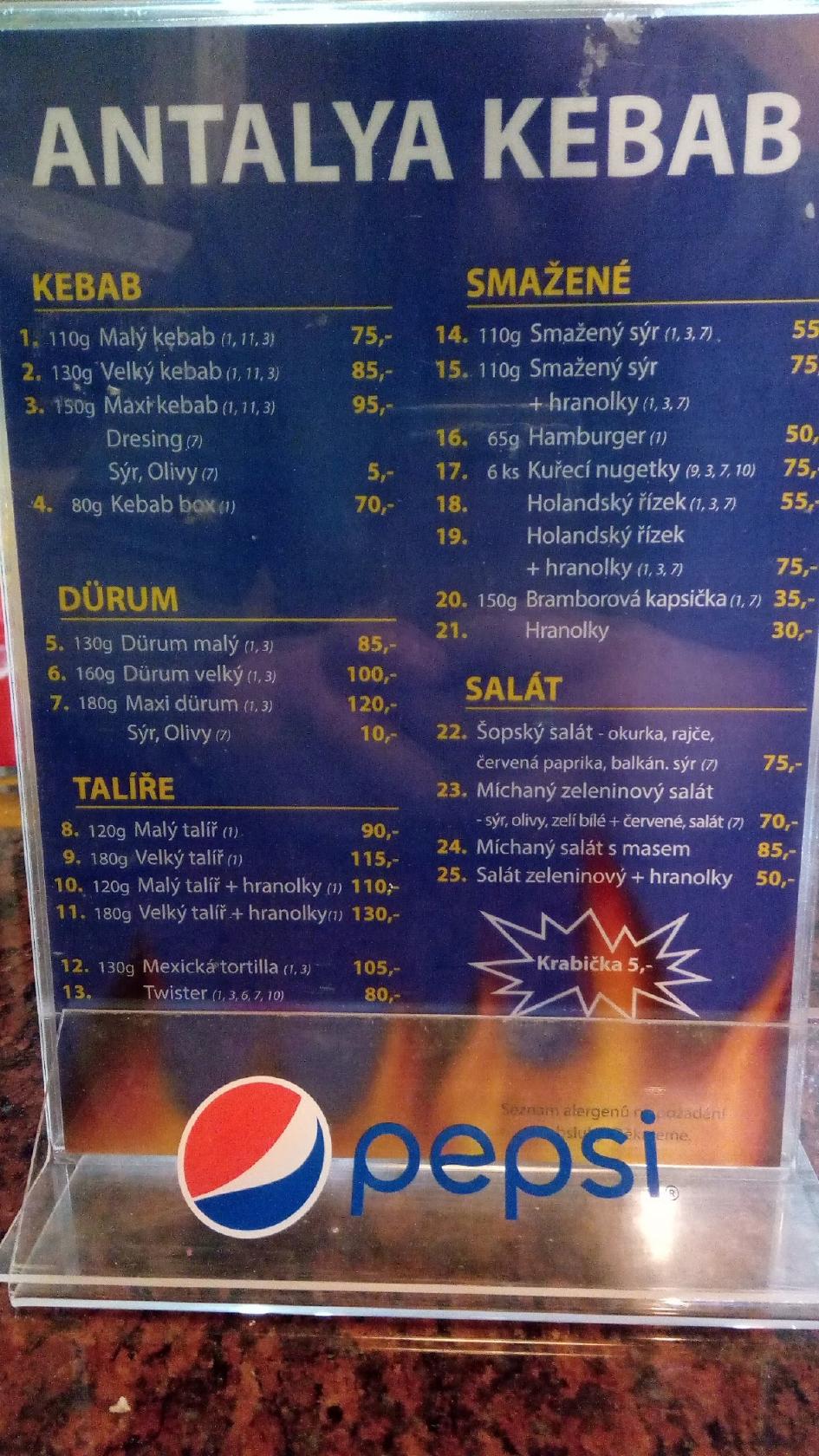 Menu at Antalya Döner Kebab restaurant, Ceska Lipa