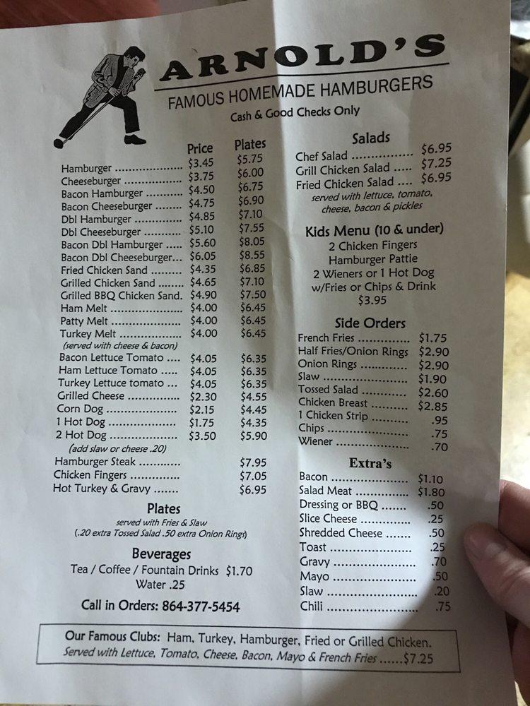 Menu at Arnold's Homemade Famous Burgers restaurant, Greenwood