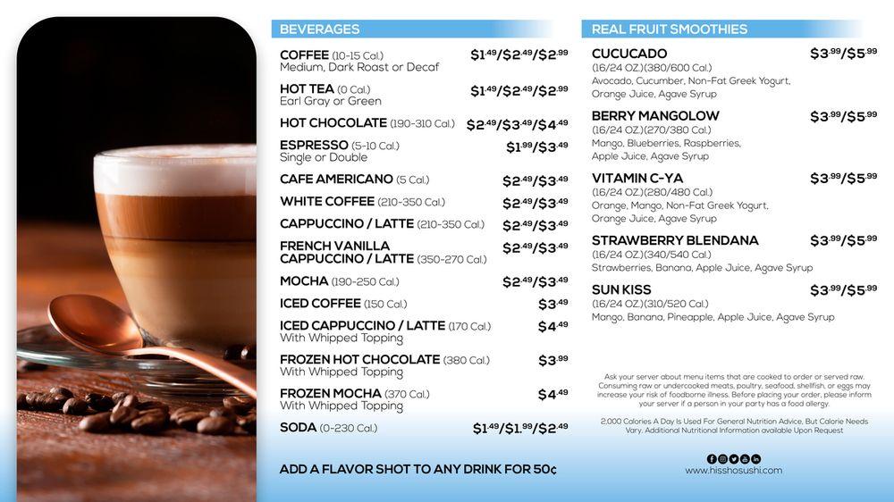 Menu at Hissho Sushi restaurant, Rogers