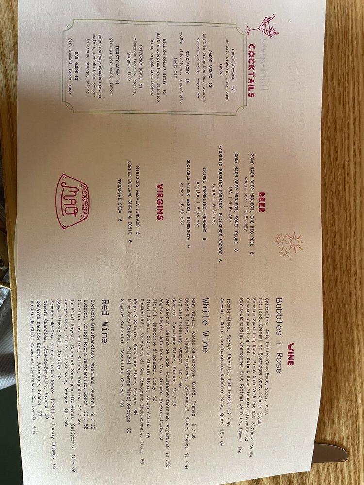 Menu at Mister Mao restaurant, New Orleans