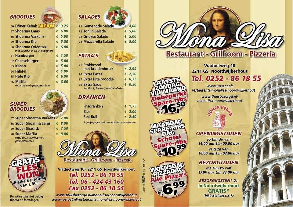 Menu at Mona Lisa, Noordwijkerhout