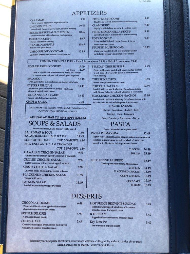 Menu at Pelican's Restaurant, Midwest City