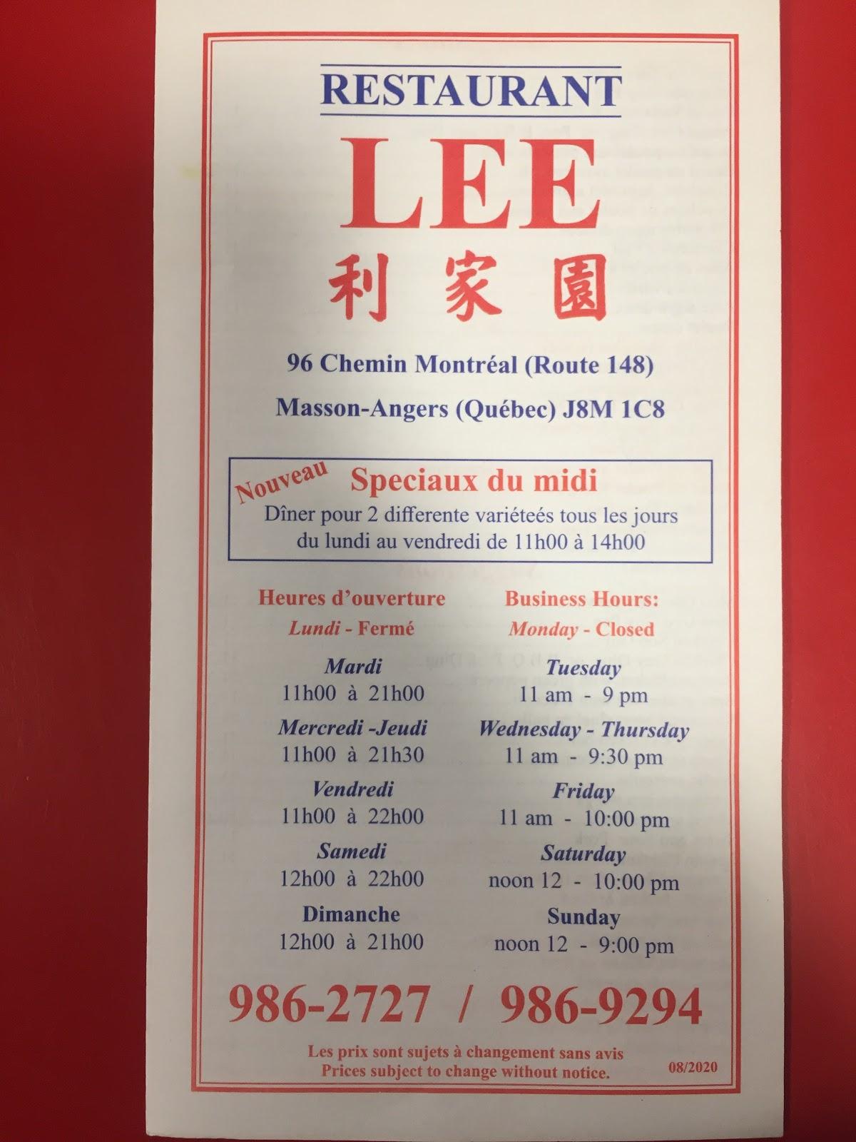 Menu at Restaurant Lee, Gatineau