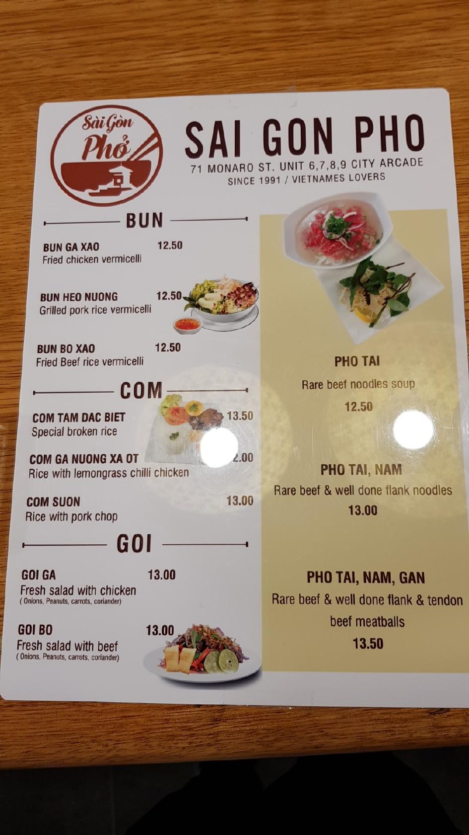 Menu at Sai Gon Pho Vietnamese Cuisine restaurant, Queanbeyan