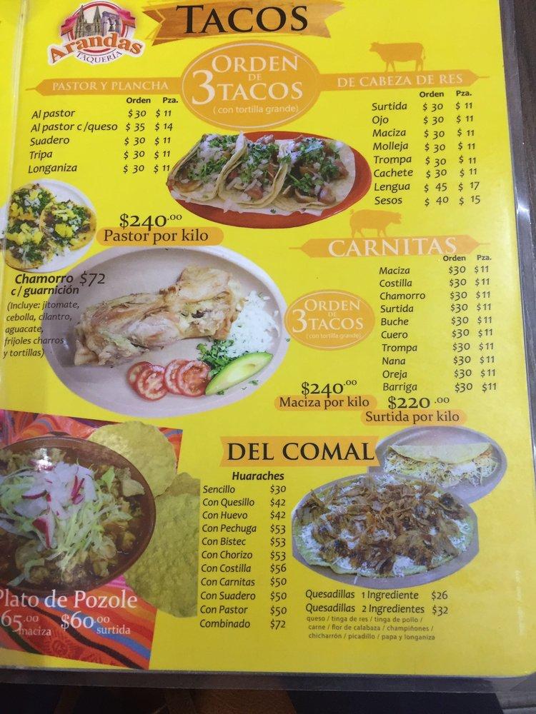 Menu at Taqueria Arandas restaurant, Mexico City, Av. 5 de Mayo 46