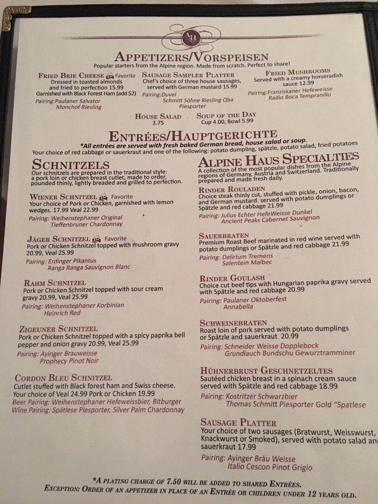 Menu at Alpine Haus Restaurant, New Braunfels