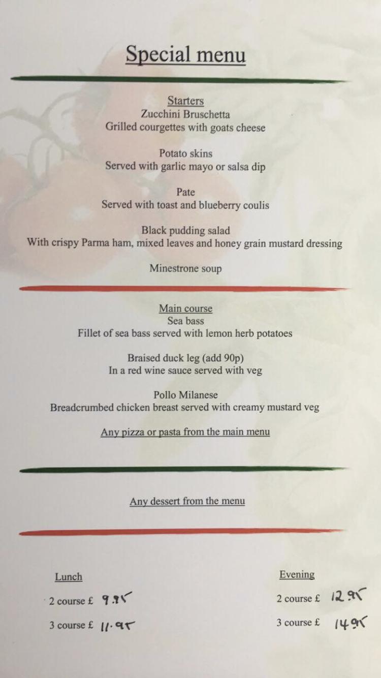 Menu at Basilico Ristorante restaurant, Newcastle upon Tyne