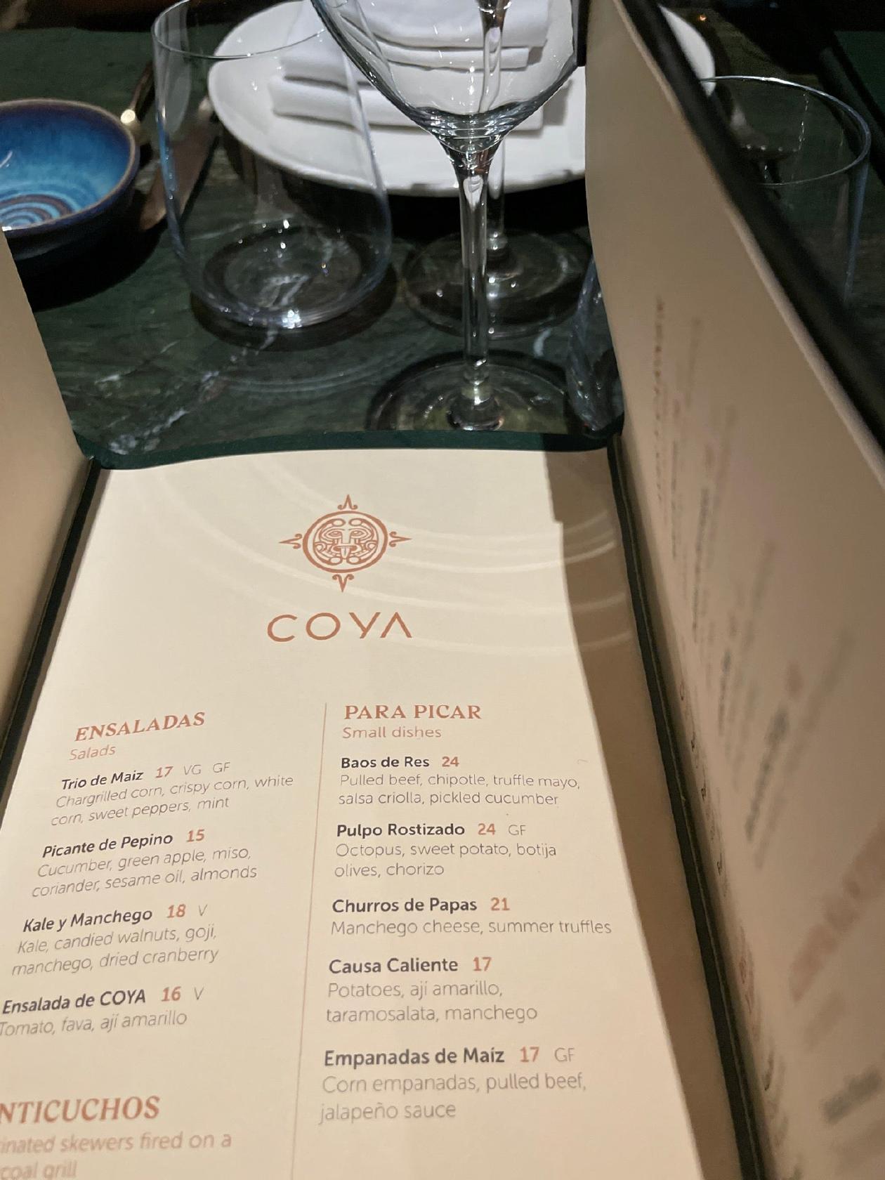 Menu at COYA Mykonos, Mikonos