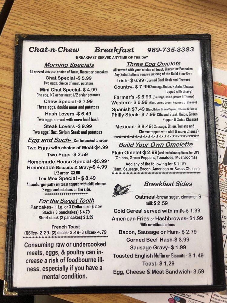 Menu at Chat'n Chew restaurant, Glennie