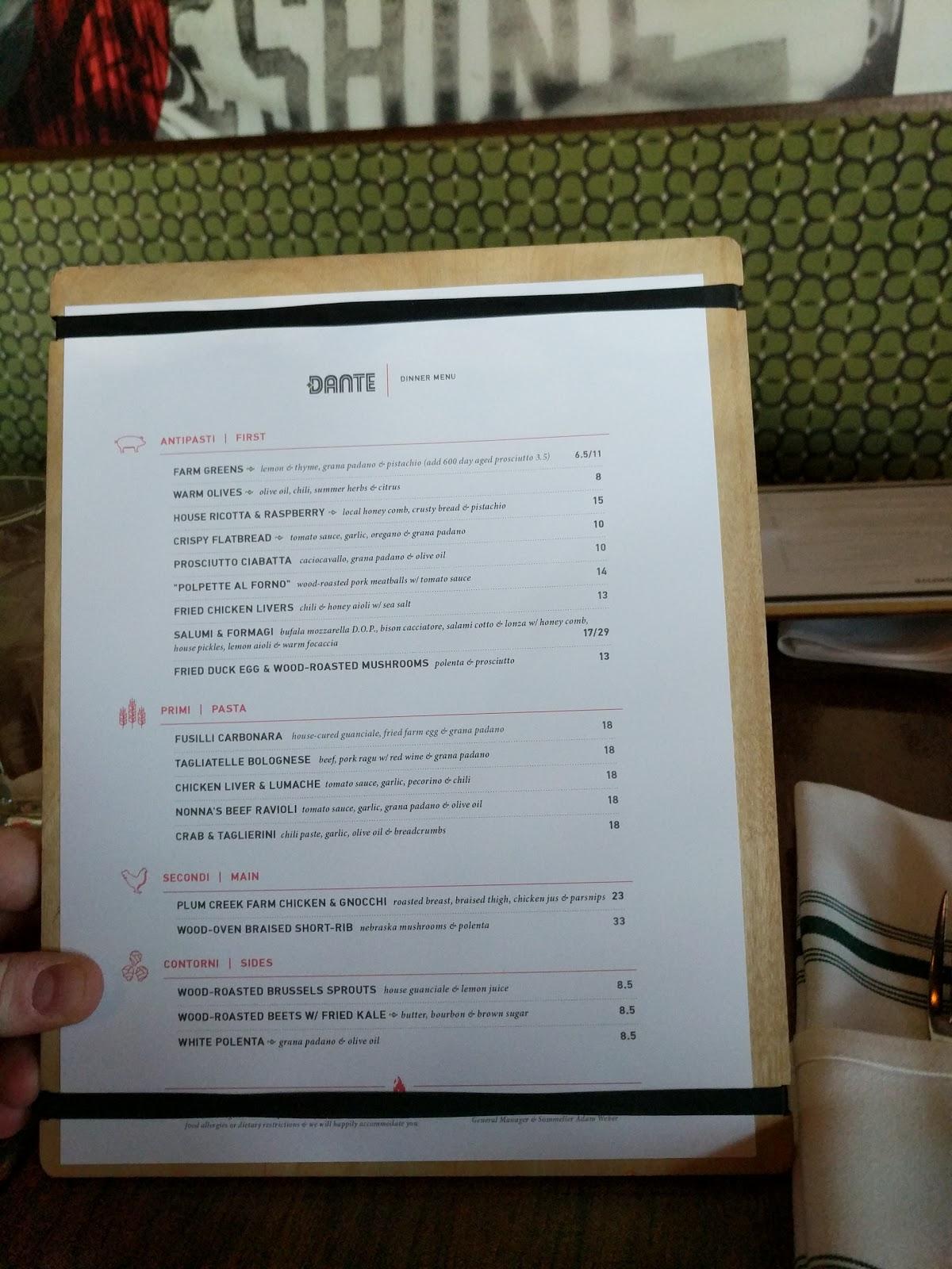 Menu at DANTE pub & bar, Omaha