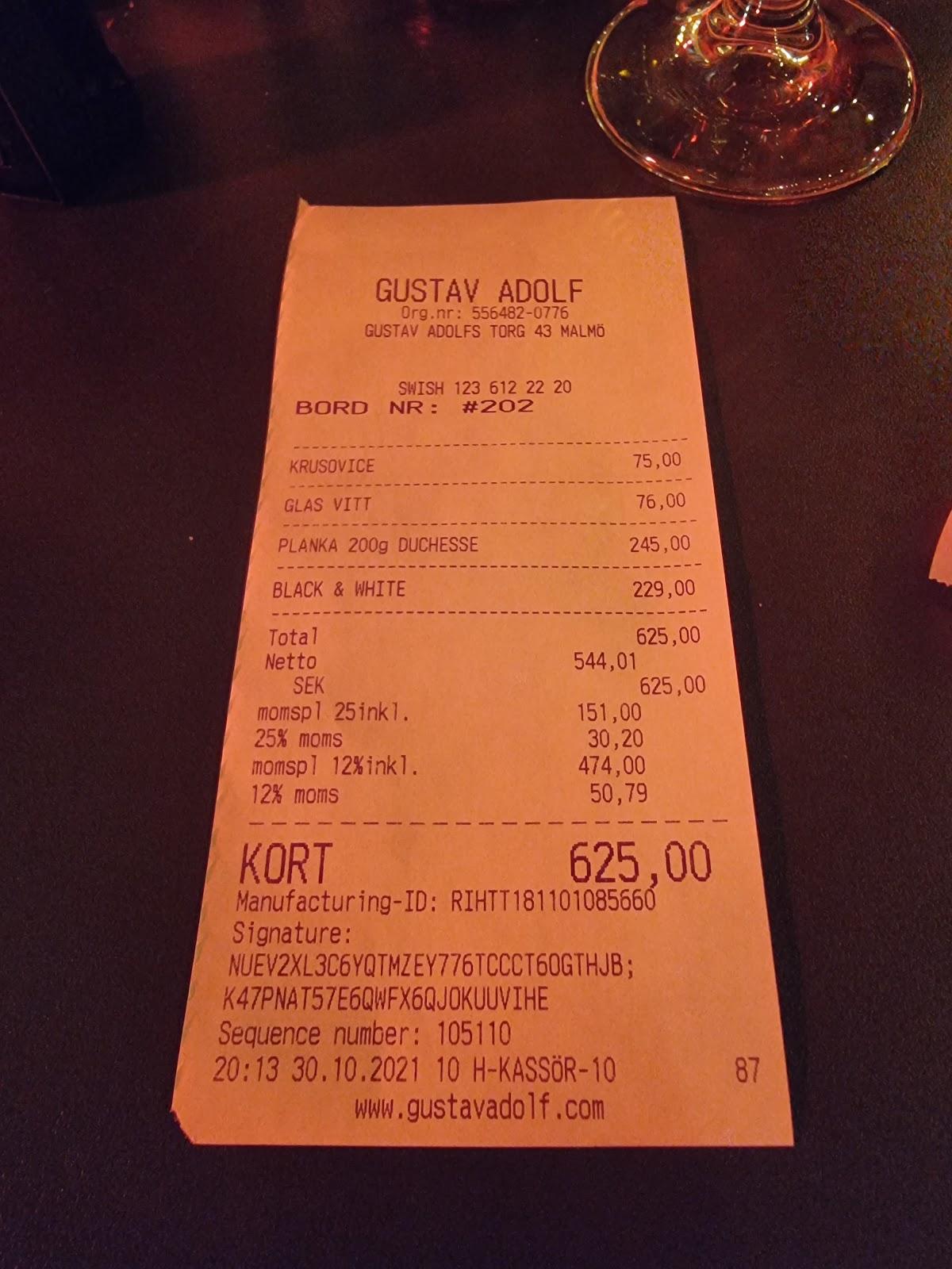 Menu at Gustav Adolf cafe, Malmö