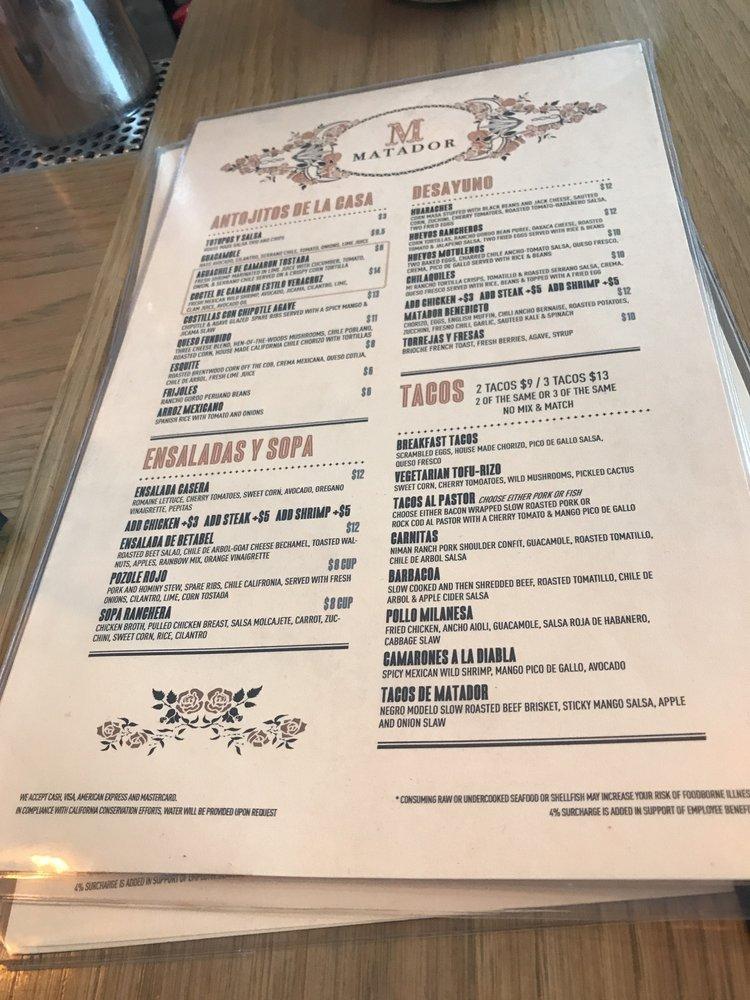 Menu at Matador pub & bar, San Francisco, 679 Sutter St