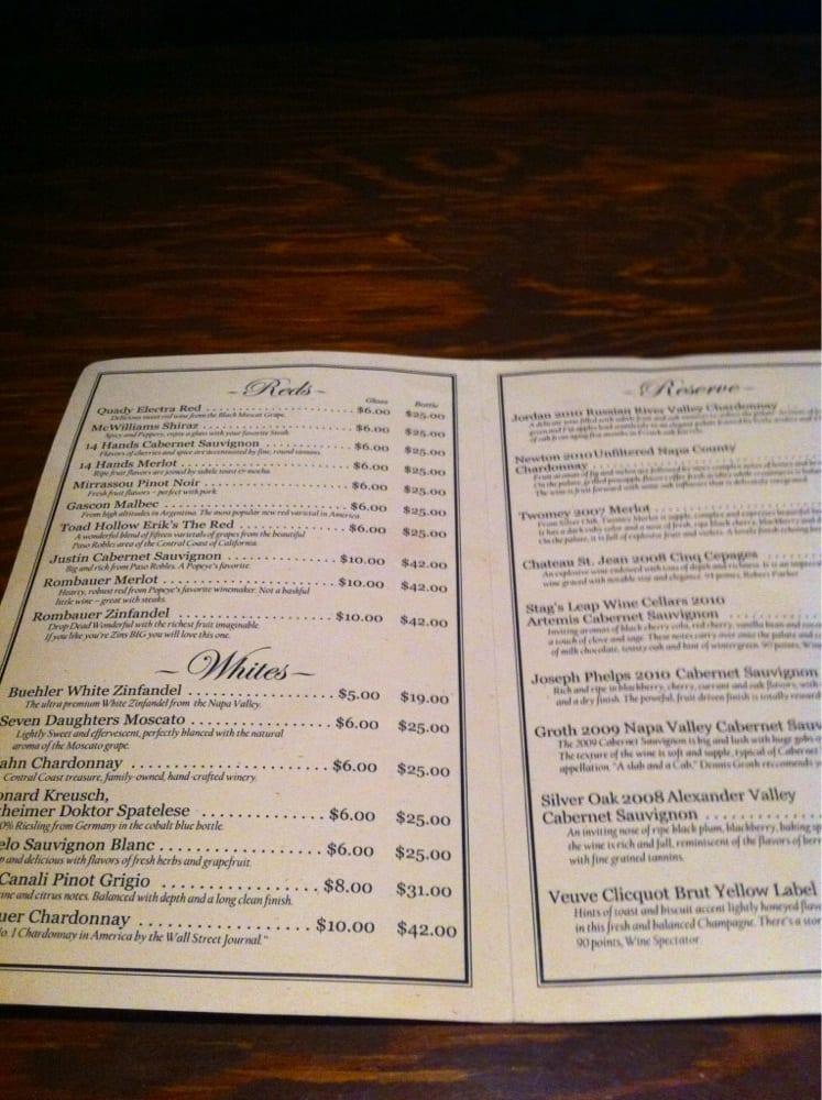 Menu at Popeye's Chop House steakhouse, USA