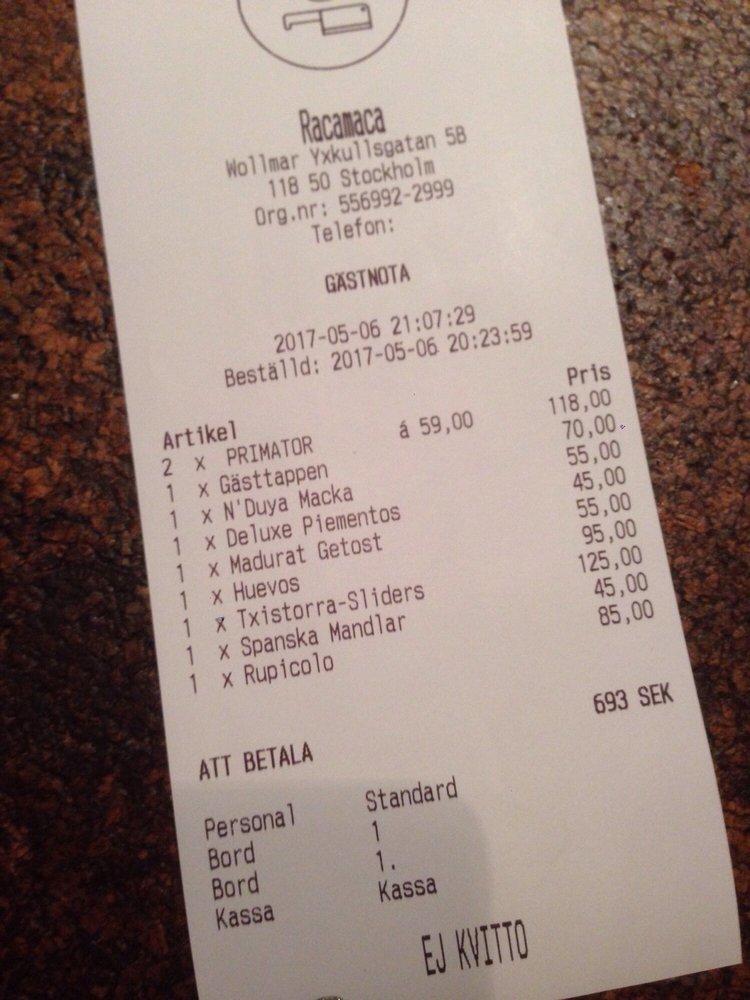 Menu at Racamaca pub & bar, Stockholm