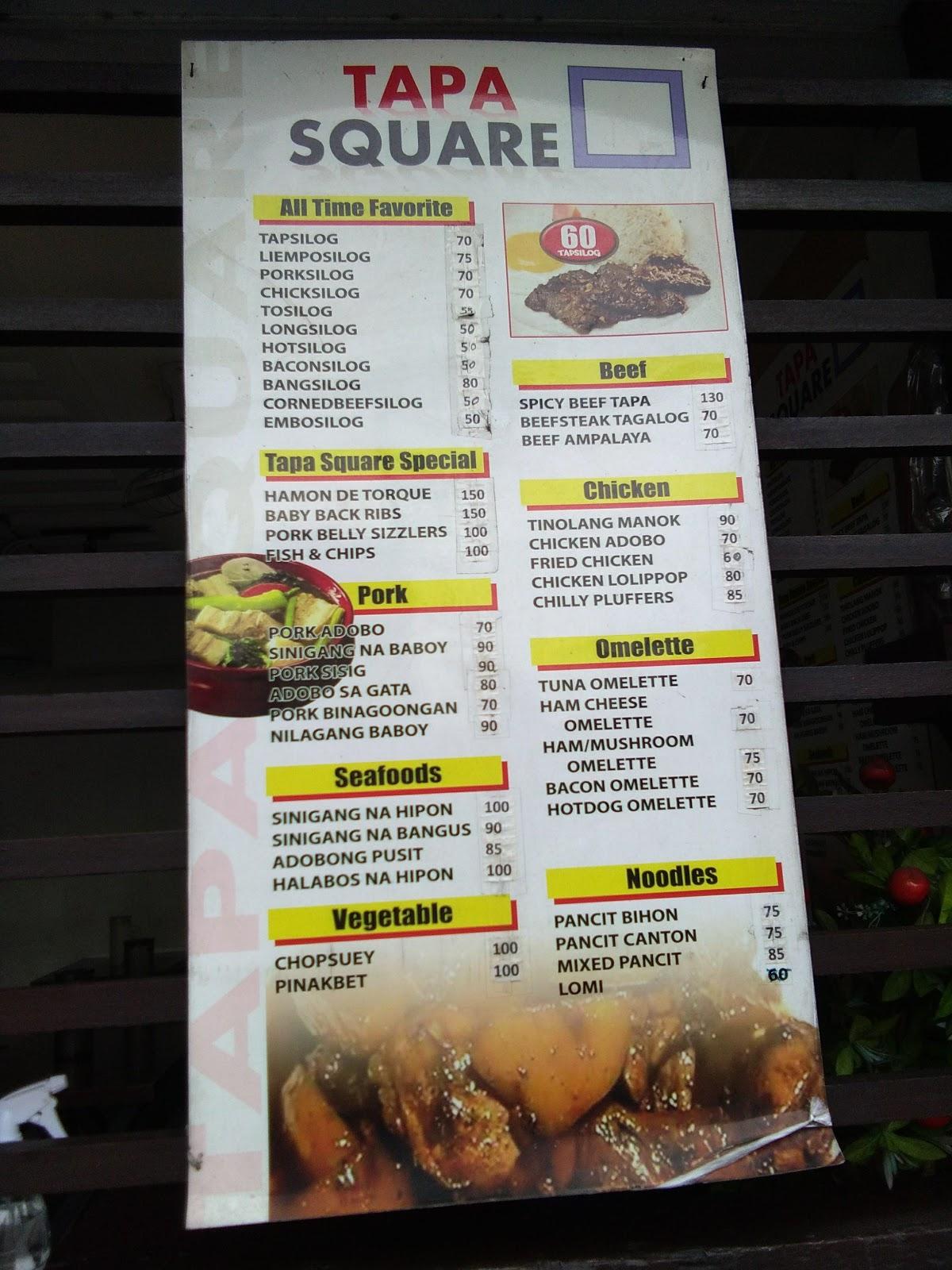Menu at Tapa Square restaurant, Manila, 774 Earnshaw St