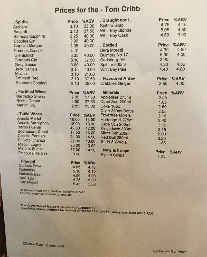 Menu at Tom Cribb pub & bar, London, 36 Panton St