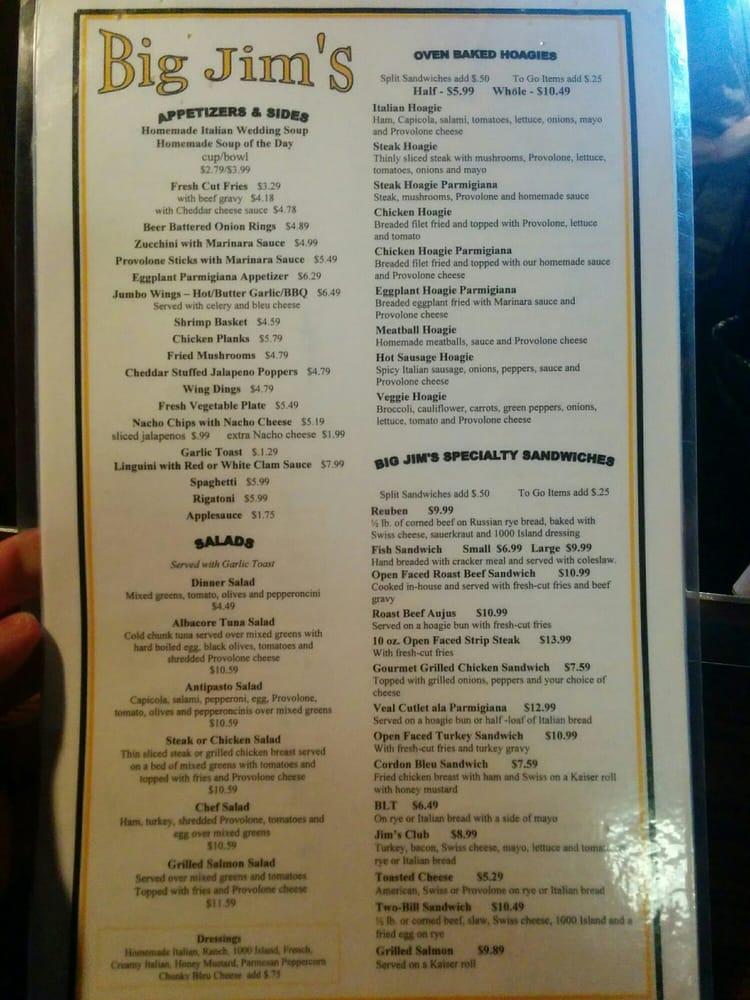 Menu at Big Jim's in the Run restaurant, Pittsburgh