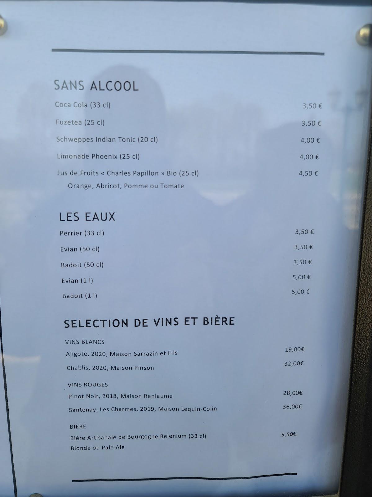Menu au Les Fables restaurant, Fontaines