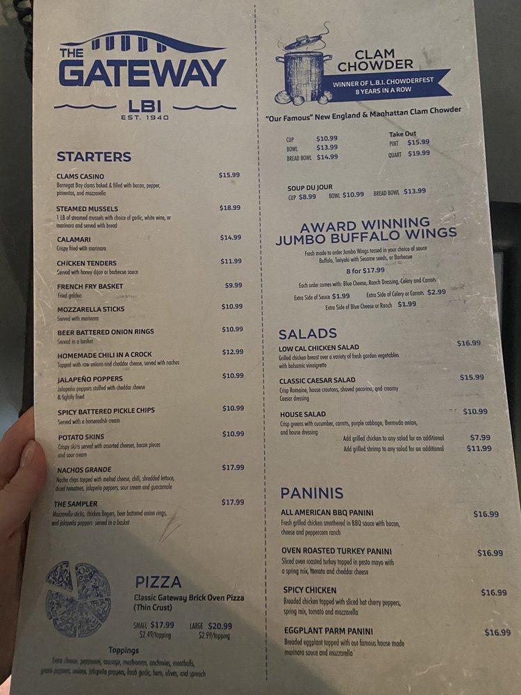 Menu at The Gateway Bar, Restaurant and Liquor Store, Ship Bottom