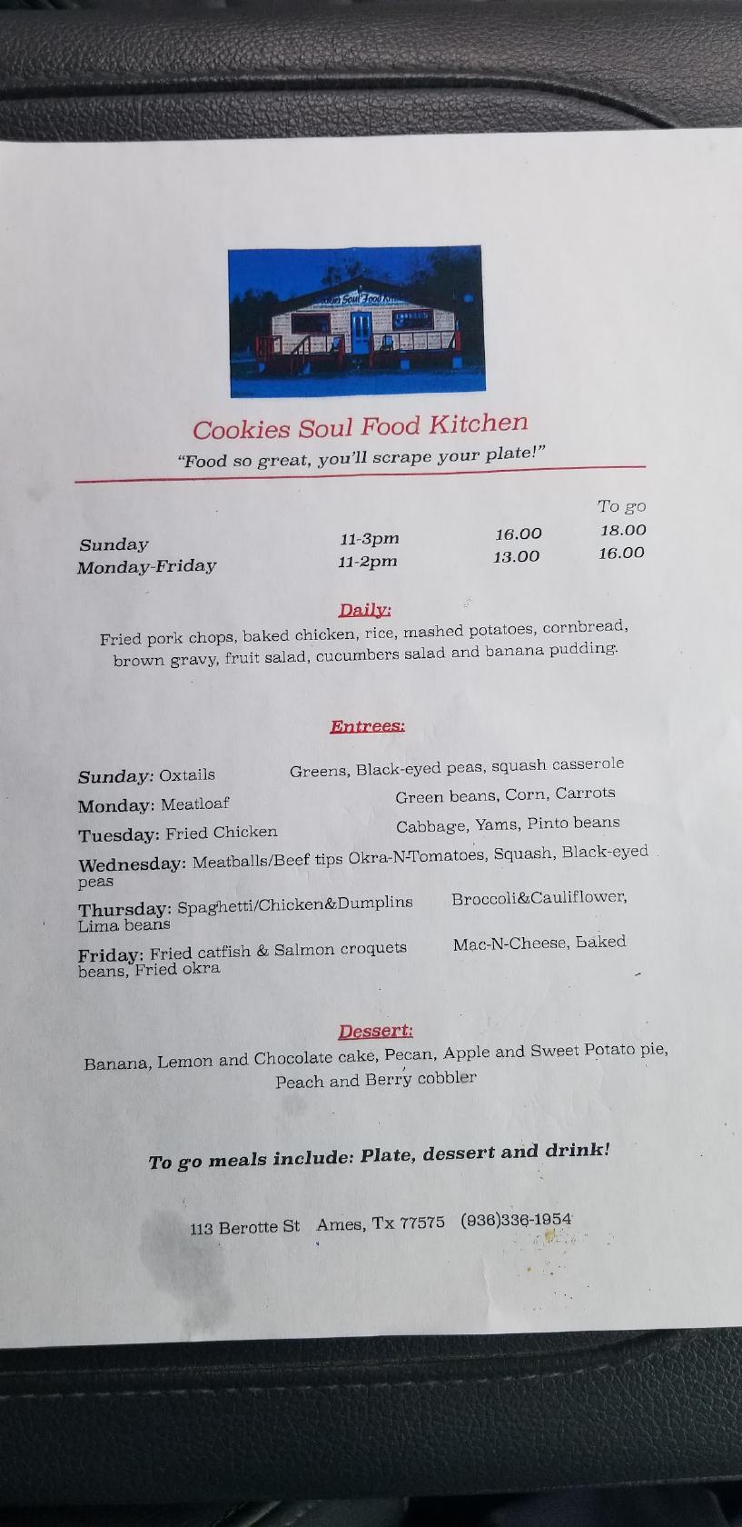 Menu at Cookie's Soul Food Kitchen restaurant, Liberty