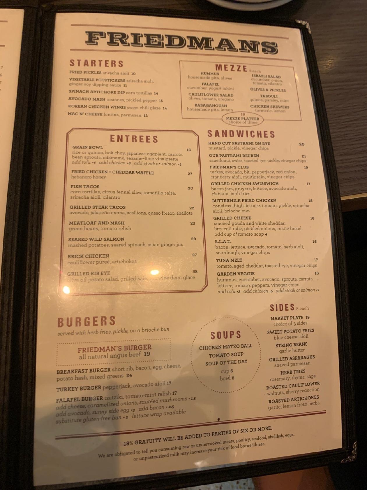 Menu at Friedman’s At The Edison restaurant, West New York, 228 W 47th St