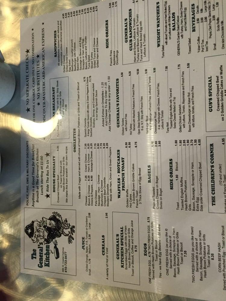 Menu at General's Kitchen restaurant, Ocean City
