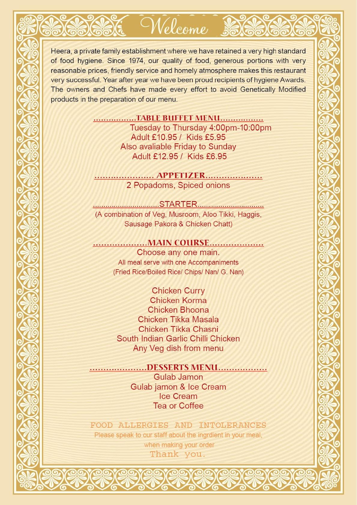 Menu at Heera Indian Restaurant, Renfrew