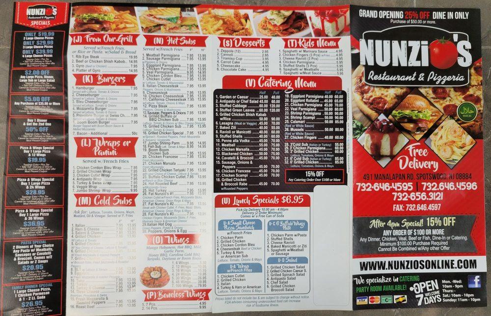 Menu at Nunzio's pizzeria, Spotswood, 492 Manalapan Rd