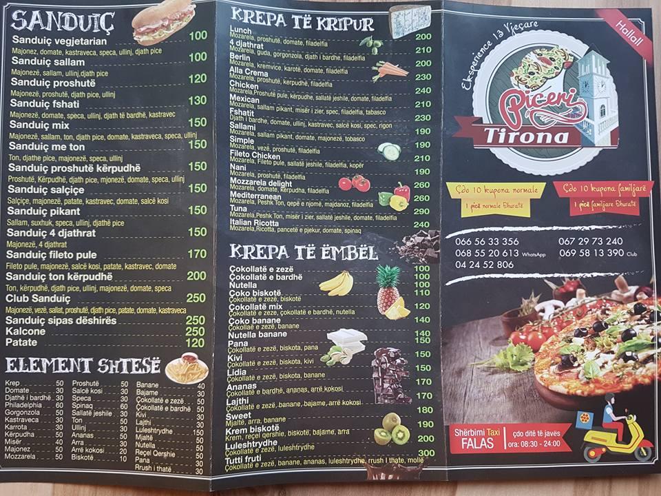 Menu at Piceri Tirona restaurant, Tirana, Rruga e Dibrës