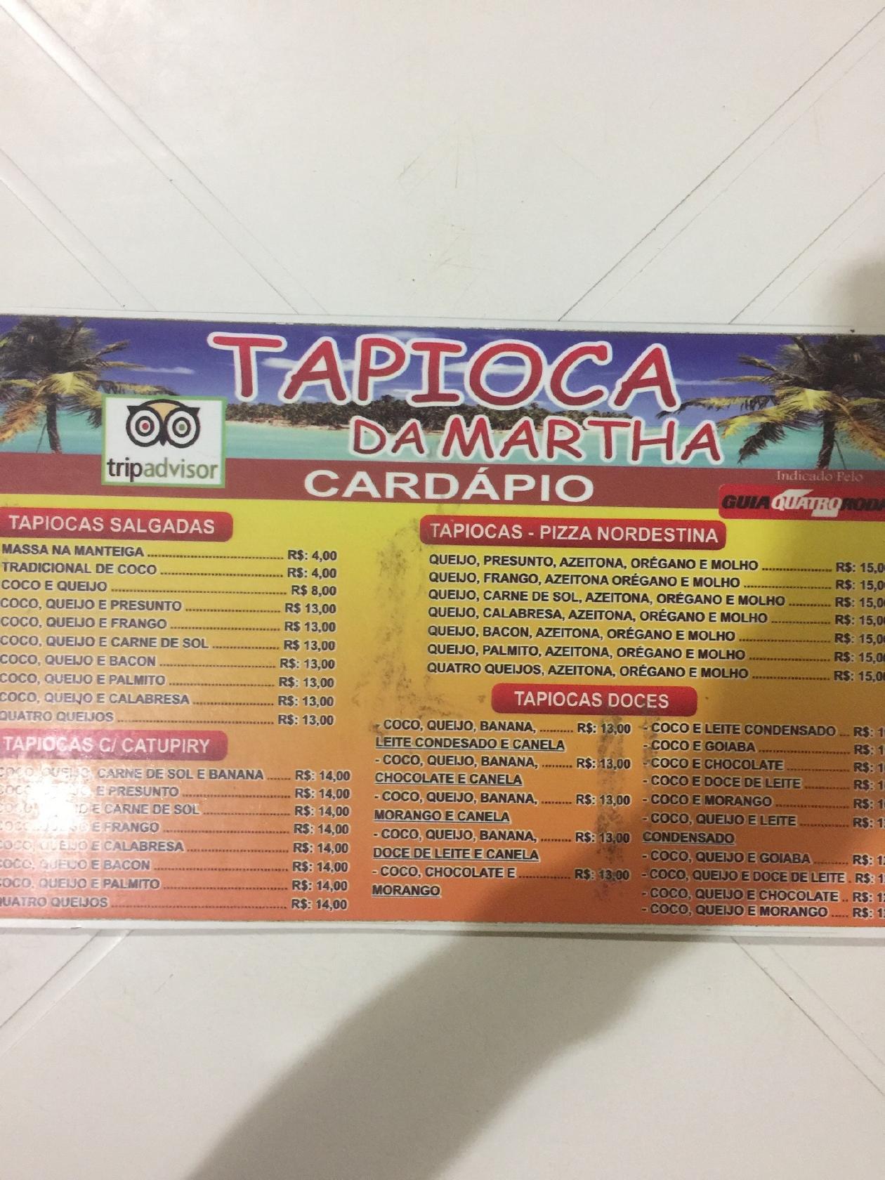 Menu at Tapioca Da Martha restaurant, Maragogi