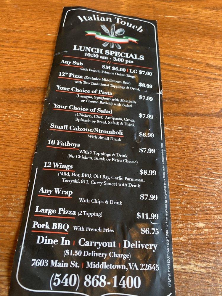 Menu at The Italian Touch pizzeria, Middletown