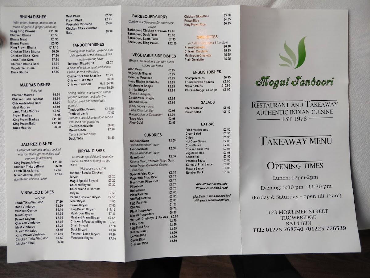 Menu at The Mogul Tandoori restaurant, Trowbridge