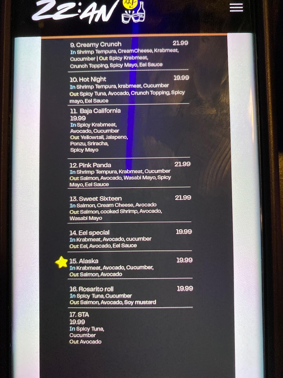 Menu at ZZan Sushi & Soju restaurant, San Diego