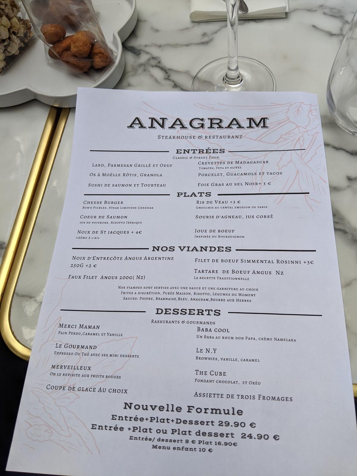 Menu au Anagram restaurant, Arras, 23 Grand'Place