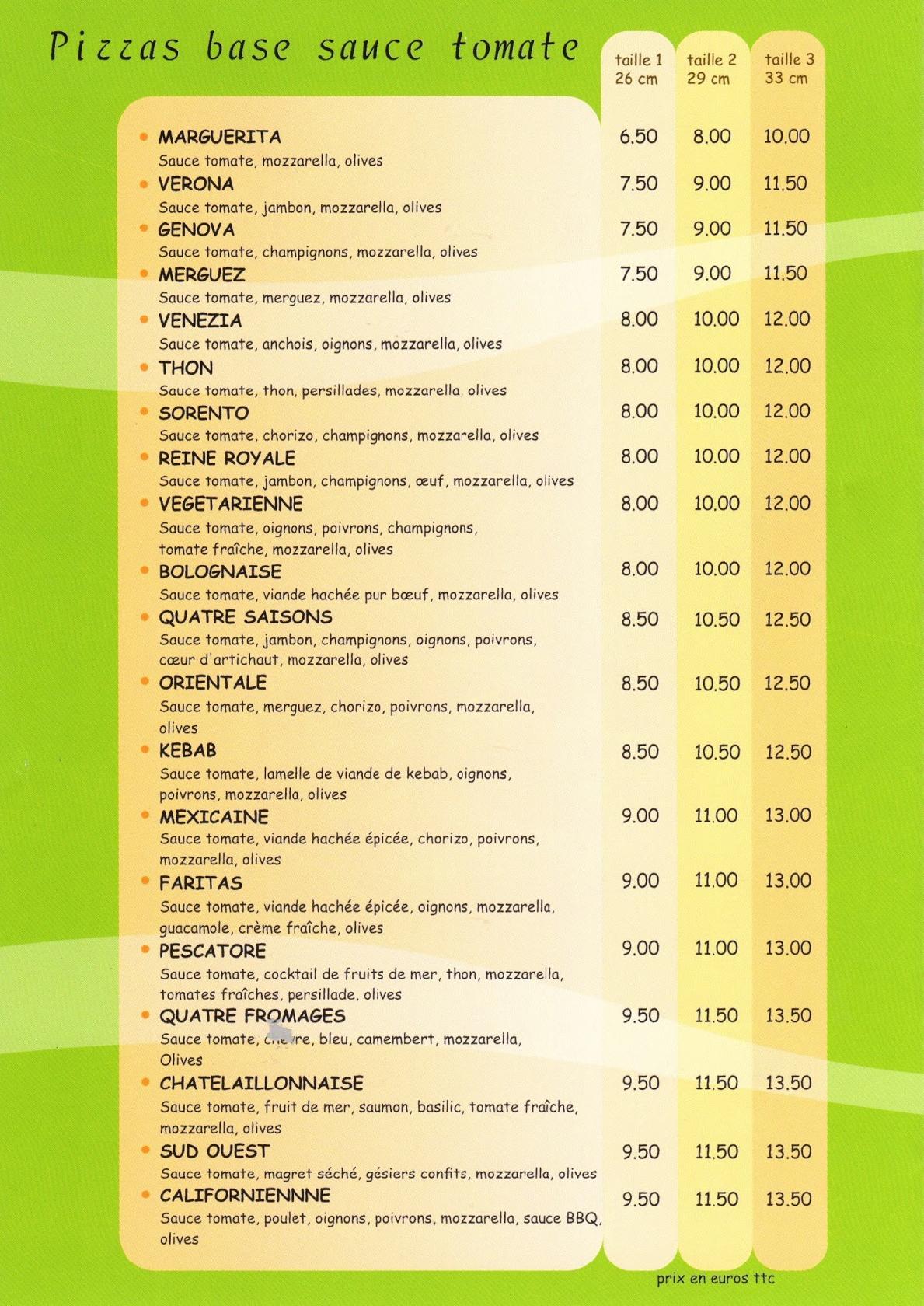 Menu au Pizzeria Chez Pascal, Châtelaillon-Plage, 31 Bd de Lattre de ...
