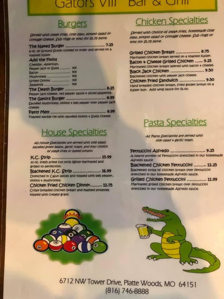 Menu at Gator's Eight Bar & Grill, Kansas City