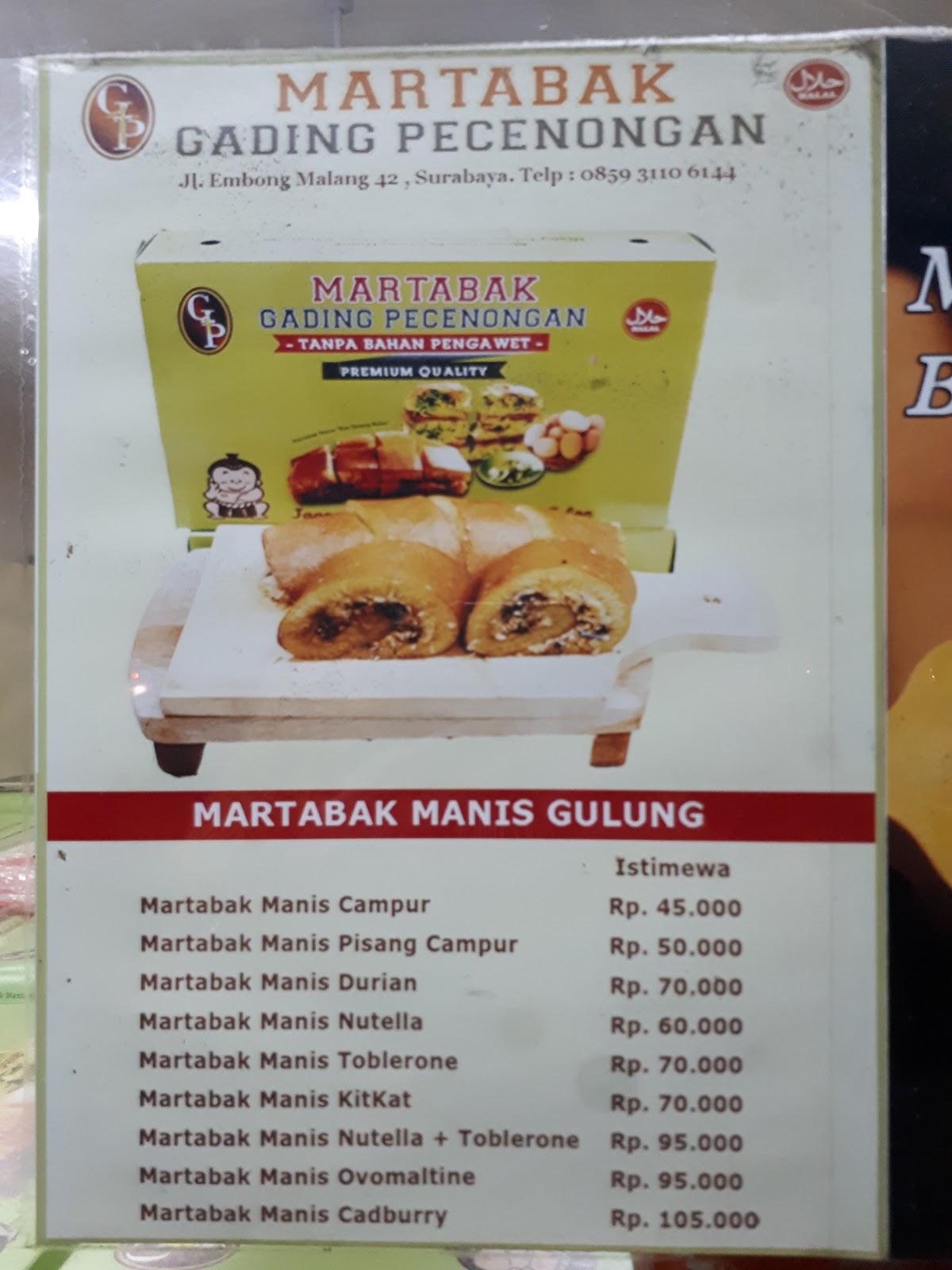 Menu at Martabak Gading Pecenongan, Surabaya, Jl. Margorejo Indah No.10