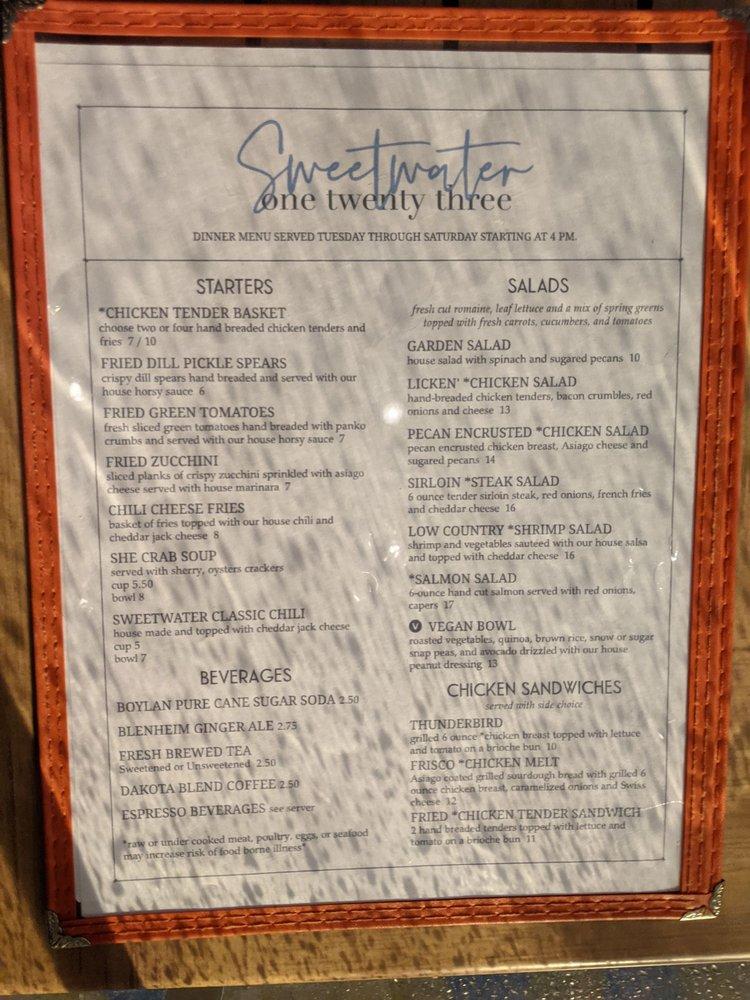 Menu at Sweetwater One Twenty Three restaurant, Summerville