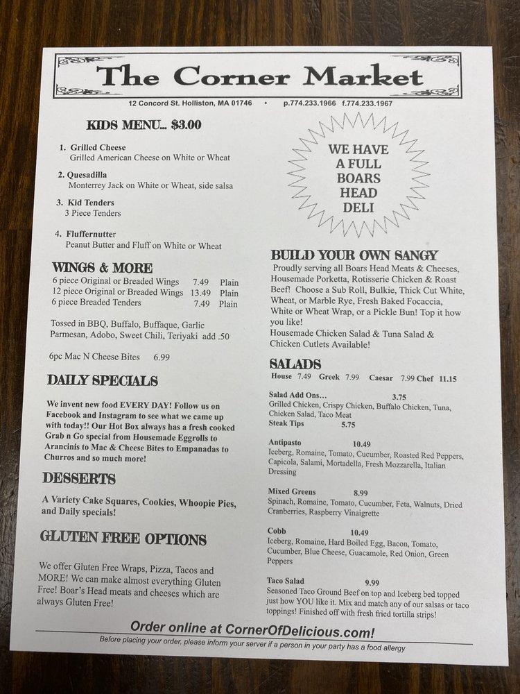 Menu at The Corner Market pizzeria, Holliston