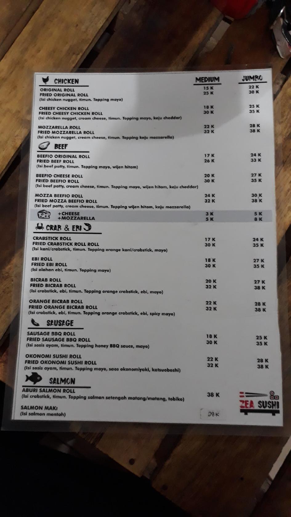 Menu at Zea Sushi restaurant, Samarinda, SPBU