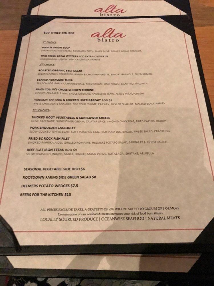 Menu at Alta Bistro pub & bar, Whistler