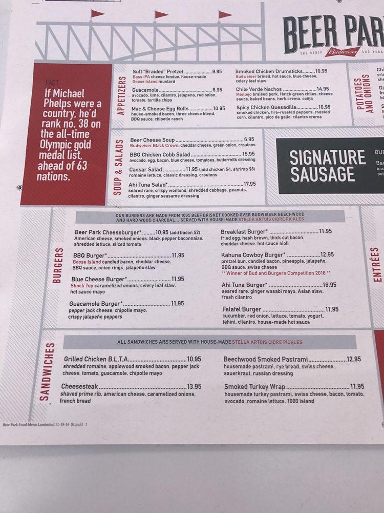 Menu at Beer Park pub & bar, Las Vegas, S Las Vegas Blvd