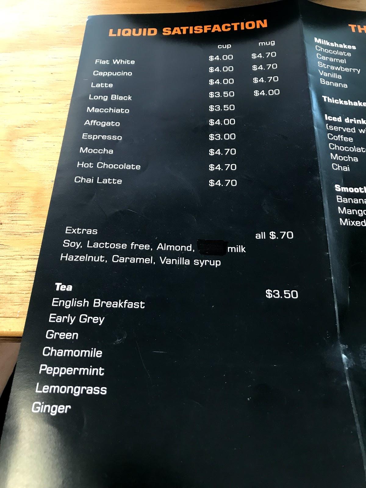 Menu at Caffin8 Cafe, Gordonvale