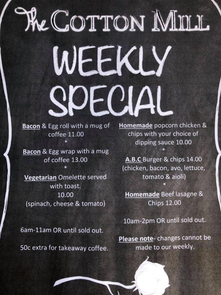 Menu at Cotton Mill Cafe, Gladstone Central